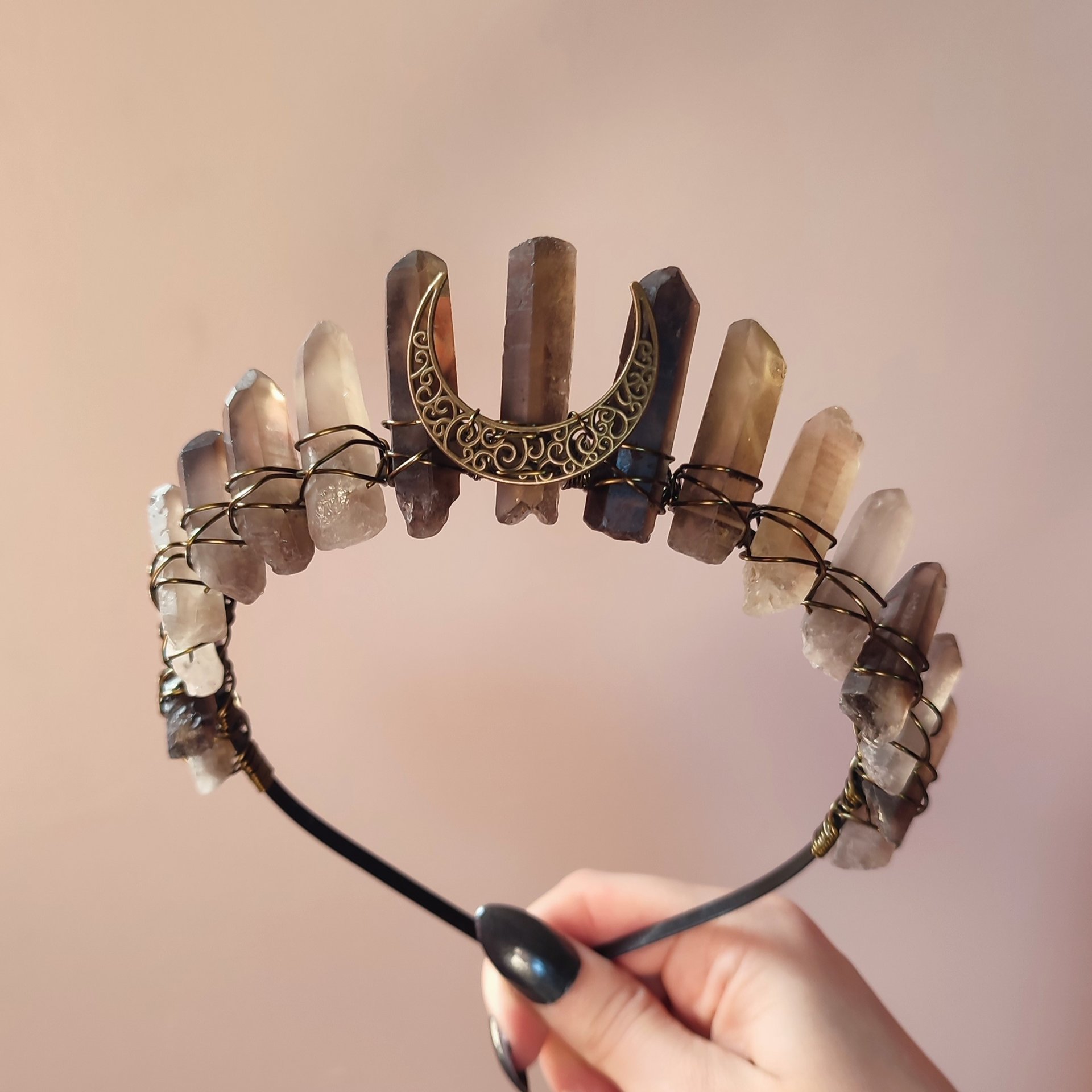 Druid Crystal Crown with Smokey Quartz and a Filigree Moon | Little ...