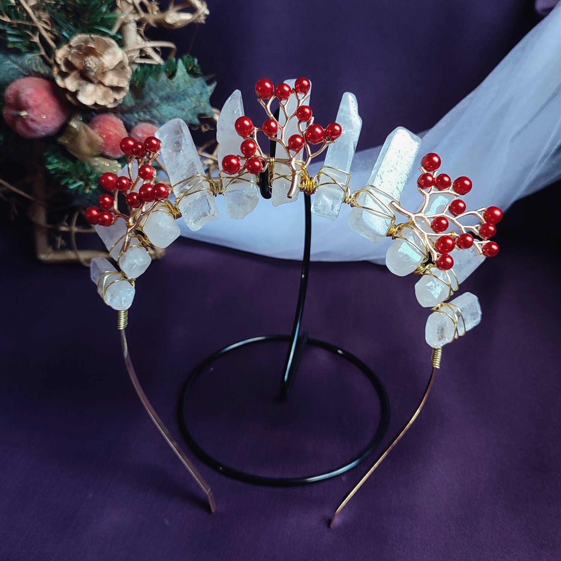 Holly Crystal Crown with Quartz and Gold Berry Branches | Little Moon Tree