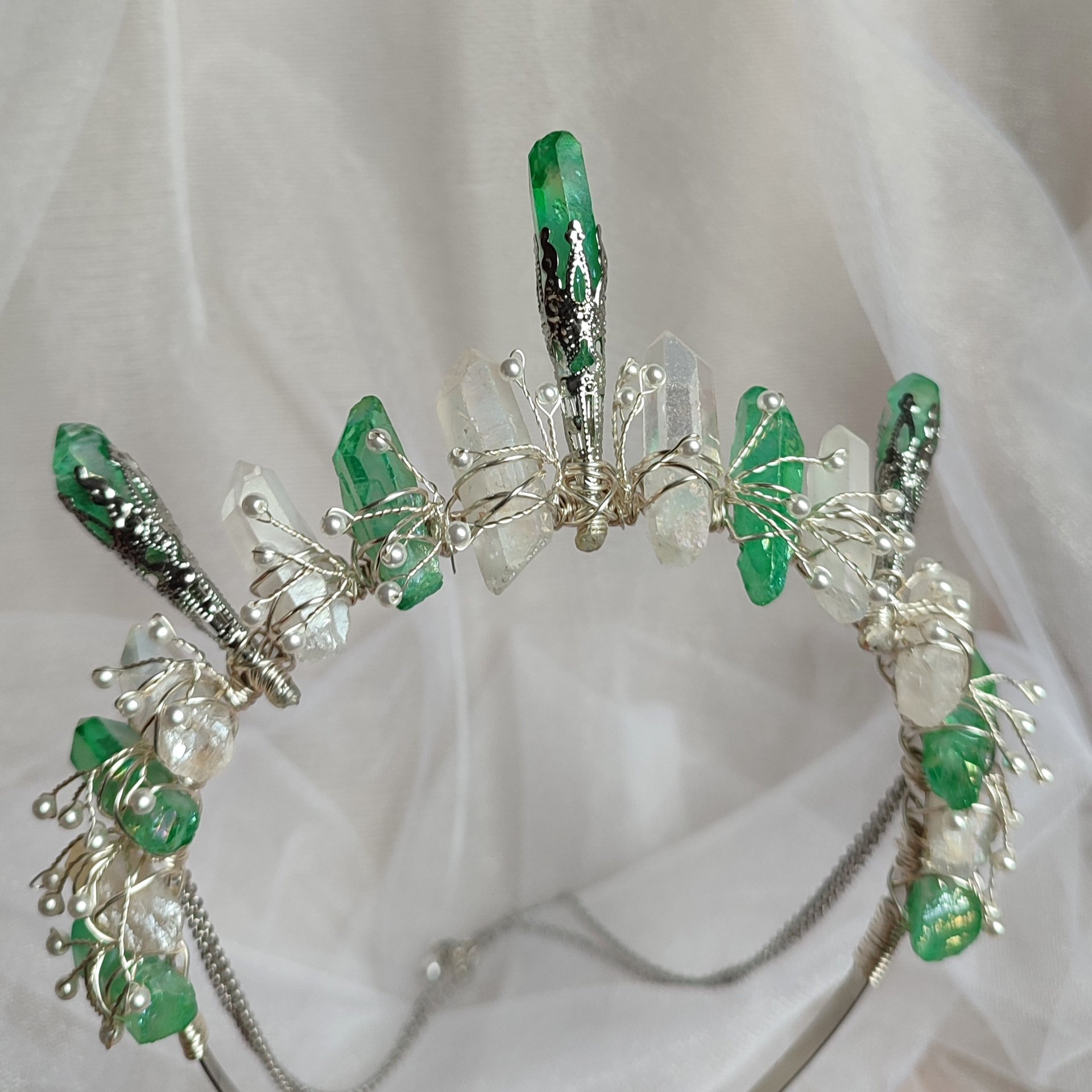 Green Spirit Crown with Titanium Quartz, Pearls and Chain | Little Moon ...