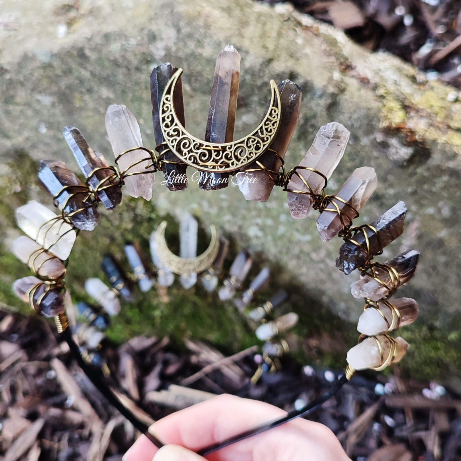 Druid Crystal Crown with Smokey Quartz and a Filigree Moon | Little ...