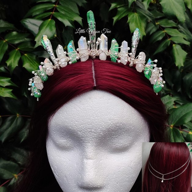 Green Spirit Crown with Titanium Quartz, Pearls and Chain | Little Moon ...
